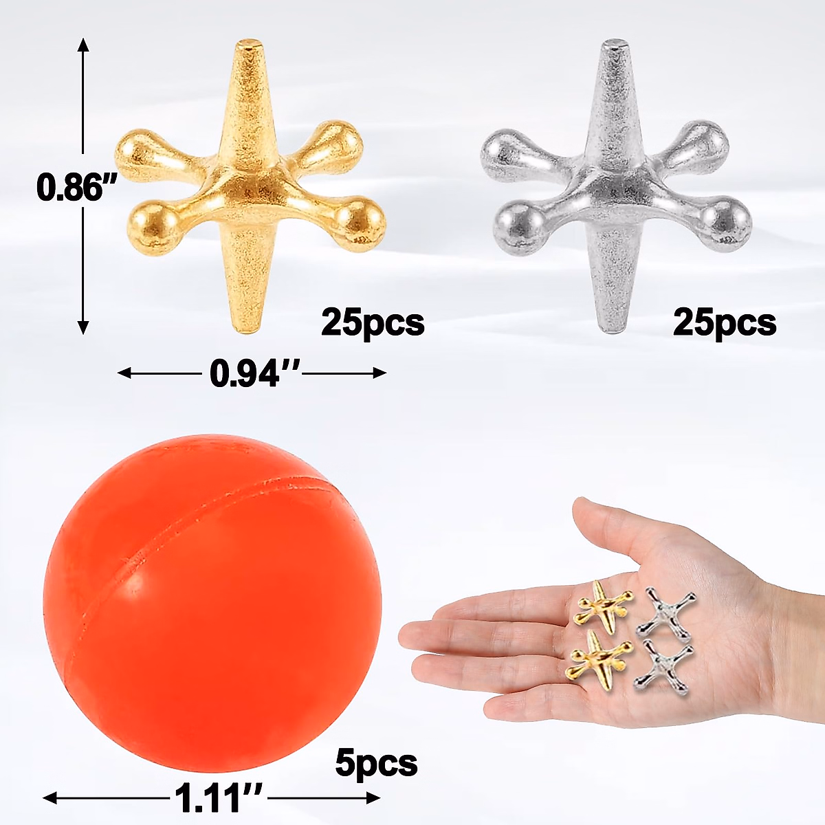 Biubee 5 Sets Retro Metal Jacks and Ball Game- 50 Pcs Gold and Silver Toned Jacks with 5 Red Rubber Bouncy Balls, Classic Game of Jacks for Party Favor, Game Prizes, Kids and Adult of All Ages