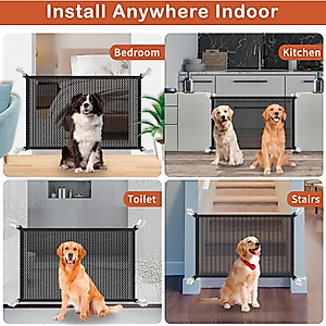 Dog Gates for The House, Malydyox Mesh Baby Gates for Stairs with Portable Safety Fence Easily Install Anywhere, Child Gate for Doorways with 2pcs Stainless Steel Pole and 8pcs Hooks , 43'' X 29''