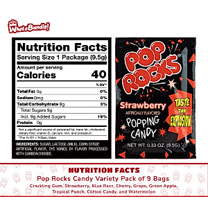 Pop Rocks Candy Variety Pack (9 Pack - 1 of All 9 Flavors) - Nostalgic 90s Old School Popping Candy for Parties - Bundle with WhataBundle! Pocket Bag