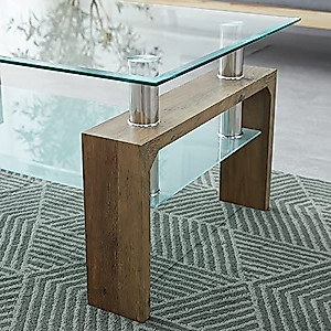 CLIPOP Rectangle Glass Coffee Table w/Tempered Glass Tabletop Stainless Steel Tube, 2-Tier Tea Table, Modern Center Side Table w/Lower Shelf & Wooden Legs for Living Room Guest Reception Room, Oak