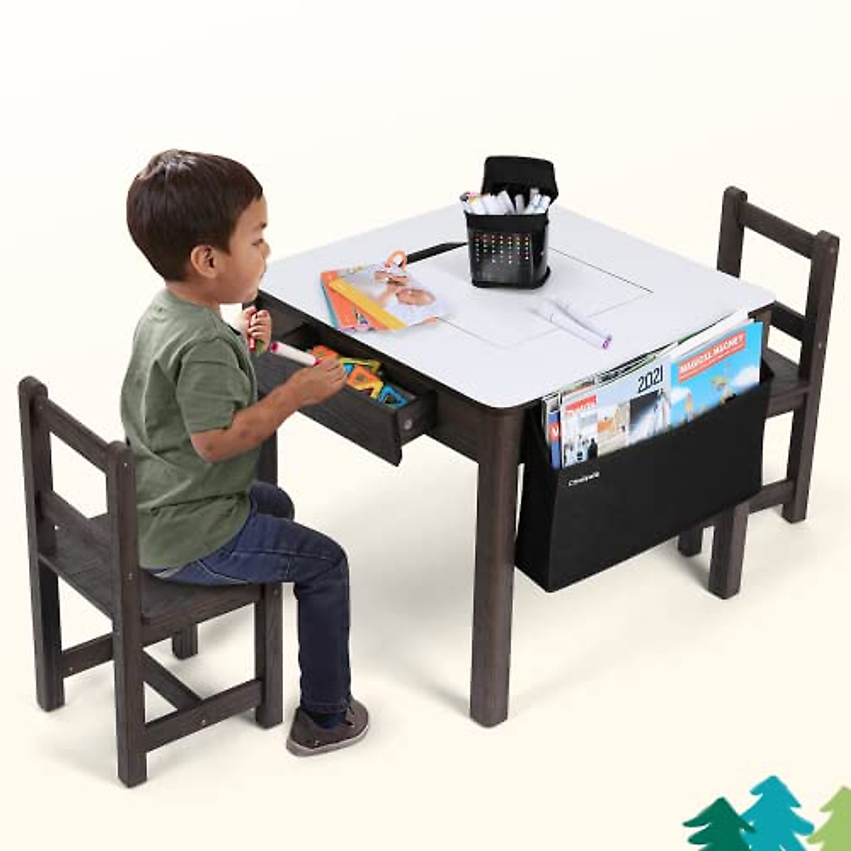 Cowiewie 3PCS Toddler Table & Chair Set Kids Wooden Activity Desk & 2 Chair Set with Storage 2 Drawers for Child Arts & Crafts,Snack Time,Homeschooling,Homework(Building Blocks Mat as Gift Included)