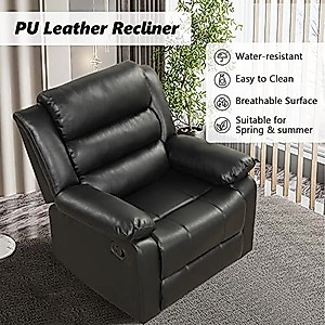ANJ Manual Recliner Chair, Breathable PU Leather Reclining Chair, Extra Wide Recliners with Overstuffed Arm and Back, Single Sofa Chair for Living Room Bedroom(Black)