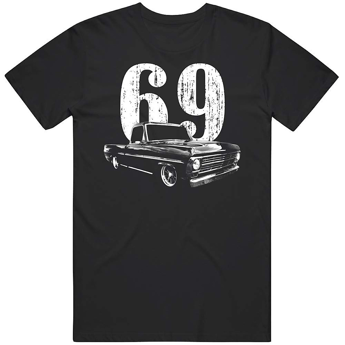 PurpleMonkeyTees 1969 F100 Pickup Truck Front Three Quarter View with Year T Shirt L Black