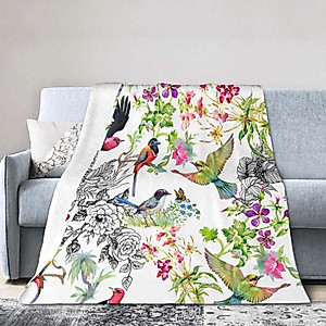 Throw Blanket 30x40 Inch,Green Leaves Flowers Colorful Birds Flannel Soft Cozy Fluffy Throw Blankets and Warm Throws for Adults in Couch Sofa Bed 40x30 Inch