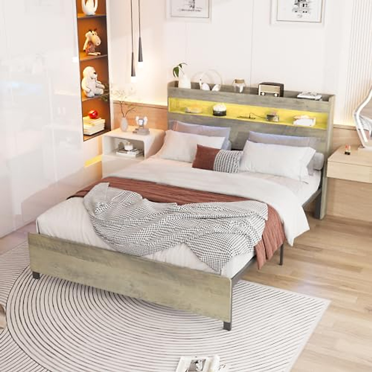 Grey Full Size Bed Frame with 2-Tier Wooden Storage Headboard and Charging Station Modern Upholstered Platform Full Bed Frame with RGB LED Lights Metal Support,No Box Spring Needed,Noise Free,Gray