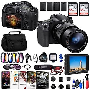Sony Cyber-Shot DSC-RX10 IV Digital Camera (DSCRX10M4/B) + 4K Monitor + Rode VideoMic + Filter Kit + Wide Angle Lens + Telephoto Lens + Color Filter Kit + 2 x 64GB Card + 3 x NPF-W50 Battery + More