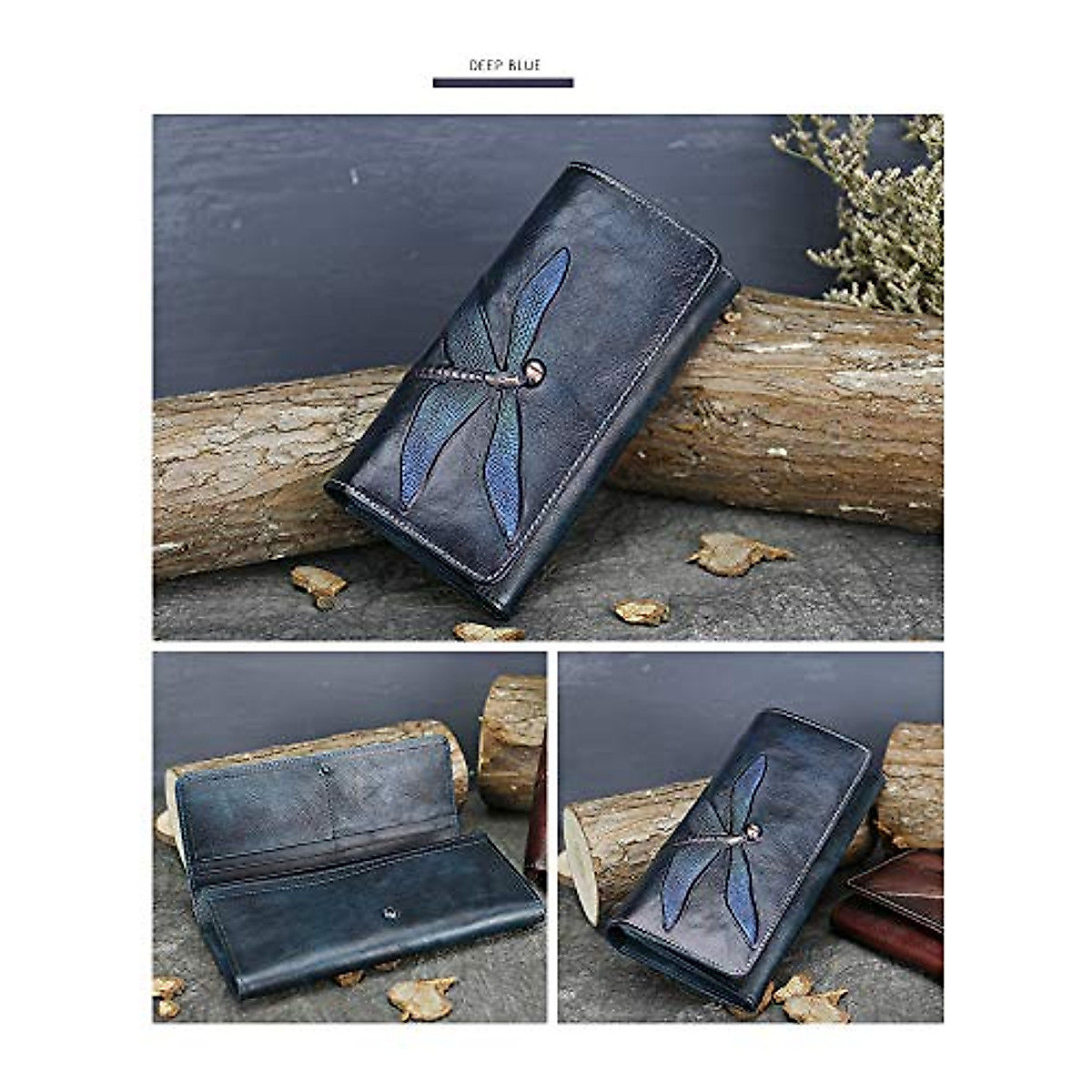 KIMINII Slim Wallets for Women Embossed Dragonfly Handmade Leather Wallet Cellphone Clutch Holder Purse 9630 (Blue)