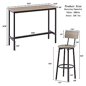 CALABASH Bar Table and Chairs Set, 3 Piece Pub Table with Stools,Narrow Bar Table Set for 2,Industrial Dining Table Set,Kitchen Breakfast Table and Chairs (Grey, Rectangular 1 Table+2 Stools)