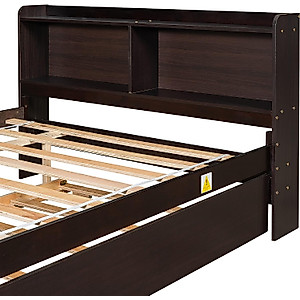 Harper & Bright Designs Full Bed Frame with Trundle, Full Trundle Bed with Bookcase Headboard, Wood Full Size Platform Bed with Twin Trundle Bed Under for Kids Girls Boys, Espresso