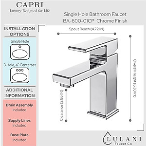 Lulani Capri Single Hole Bathroom Faucet, Easy Operation Faucet, Luxurious Design Faucet with Water-Saving Technology, Superior Performance and Lifetime Limited Warranty – Chrome Finish