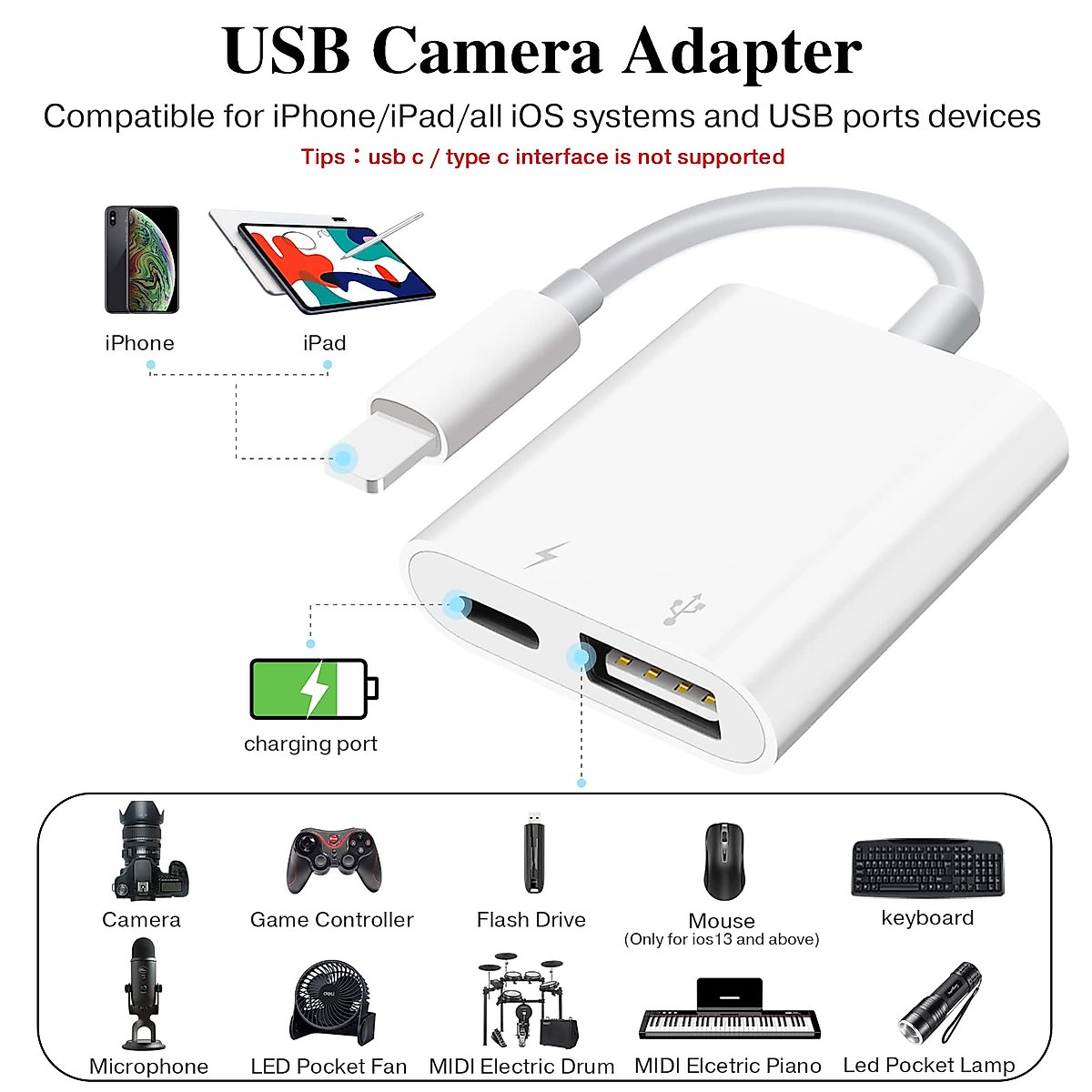 SUNTRSI USB Camera Adapter with Charging Port,Portable USB Female OTG Adapter suitable for iPhone iPad, iPad to USB Adapter Plug and Play Support Card Reader