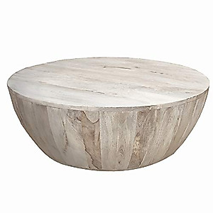 The Urban Port 12-Inch Height Round Mango Wood Coffee Table, Subtle Grains, Distressed White