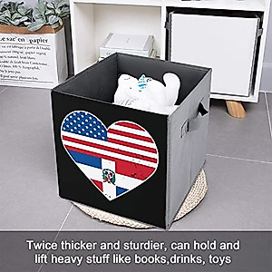 Dominican Republic and Aerican Flag Heart Foldable Storage Bins Printd Fabric Cube Baskets Boxes with Handles for Clothes Toys, 11x11x11