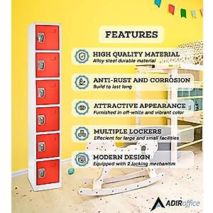 AdirOffice Large School Locker with 6 Doors 6 Hooks Storage Locker for Garage Storage - Office Storage Lockers (6 Door, Red)