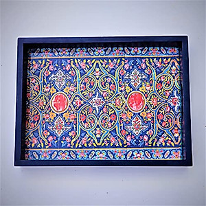 Decorative Tray Vintage Wooden Trays Blue Centerpiece Tray Coffee Table Tray Bohemian Handmade Serving Tray Large Tray Dining Table Decor Wood Trays Coffee Trays New Home Warming Gifts – 16x12x2”