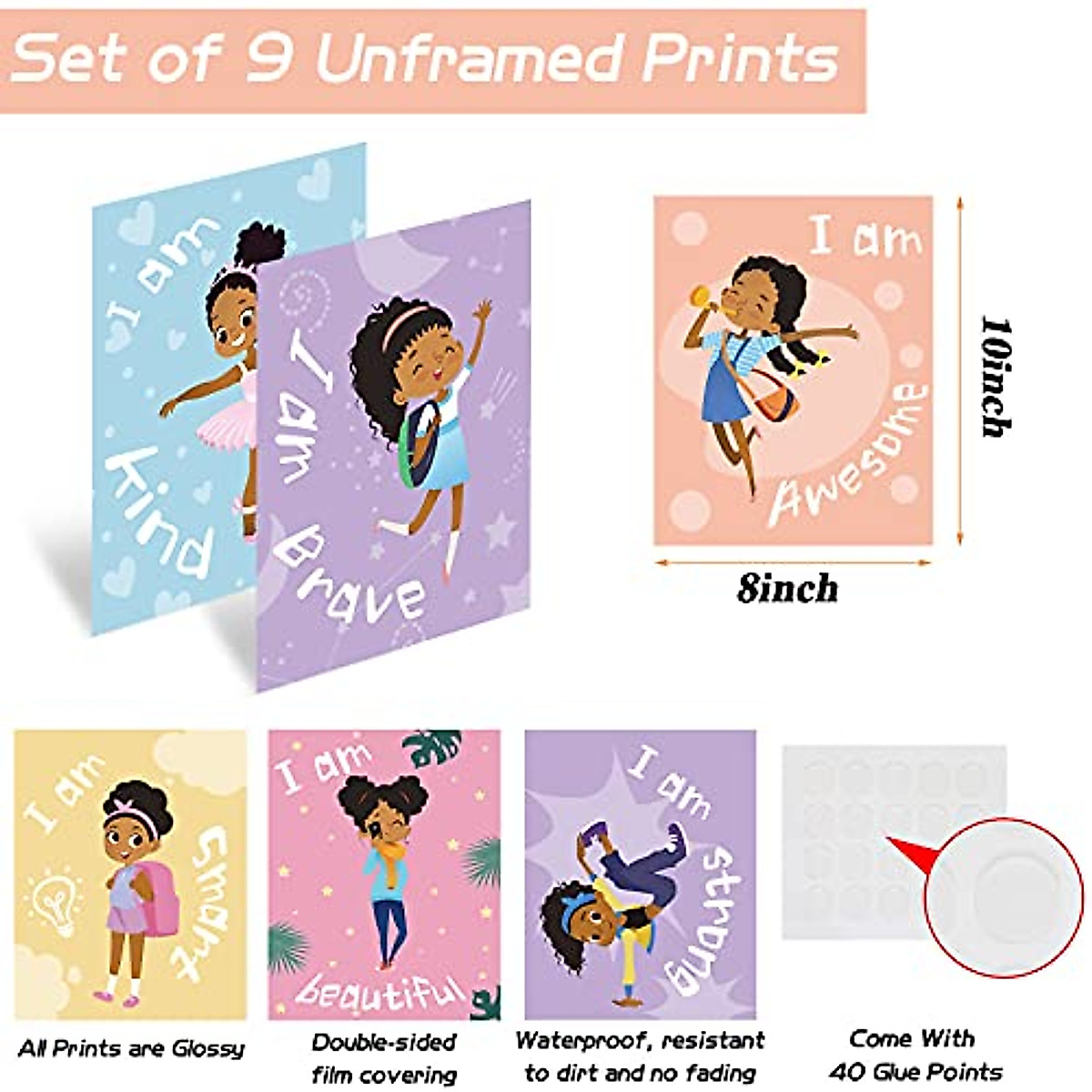 Outus 9 Pieces Girls Room Decor Black Girl Wall Painting Art Decor Motivational Black Girl Posters Girls Bedroom Motivational Art Paint for Kids Teen Girls Room Wall Decorations,Unframed, 8 x 10 Inch