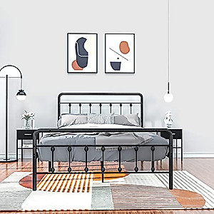 Noillats Metal Queen Bed Frame, Vintage Headboard and Footboard, Sturdy Steel Strip Support Mattress Base, No Box Spring Required, Easy to Assemble, Steel Grey
