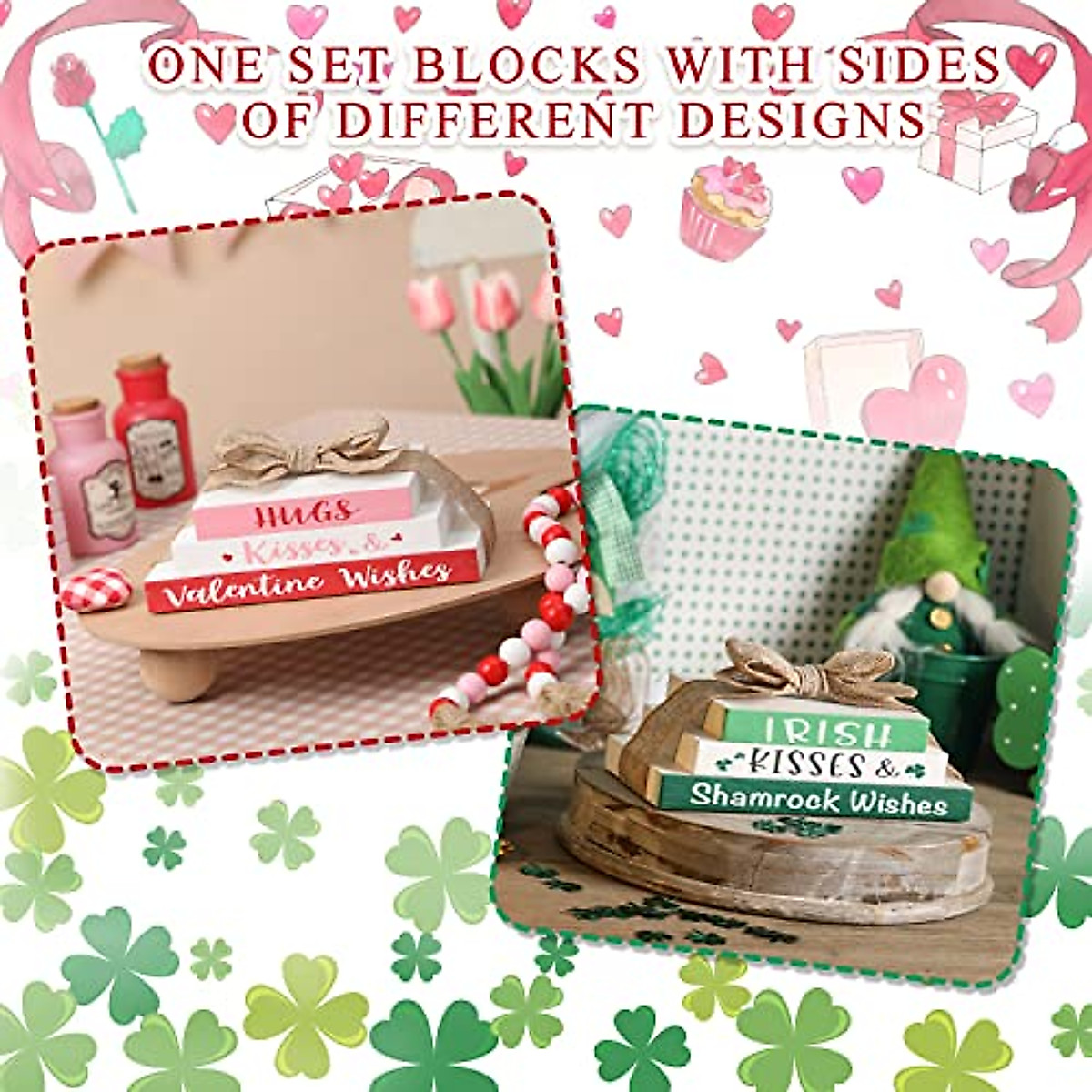 St. Patrick's Day Tiered Tray Decor Reversible Valentines Stack Blocks for Table Kitchen Farmhouse Valentine Shamrock Faux Bundle Decor