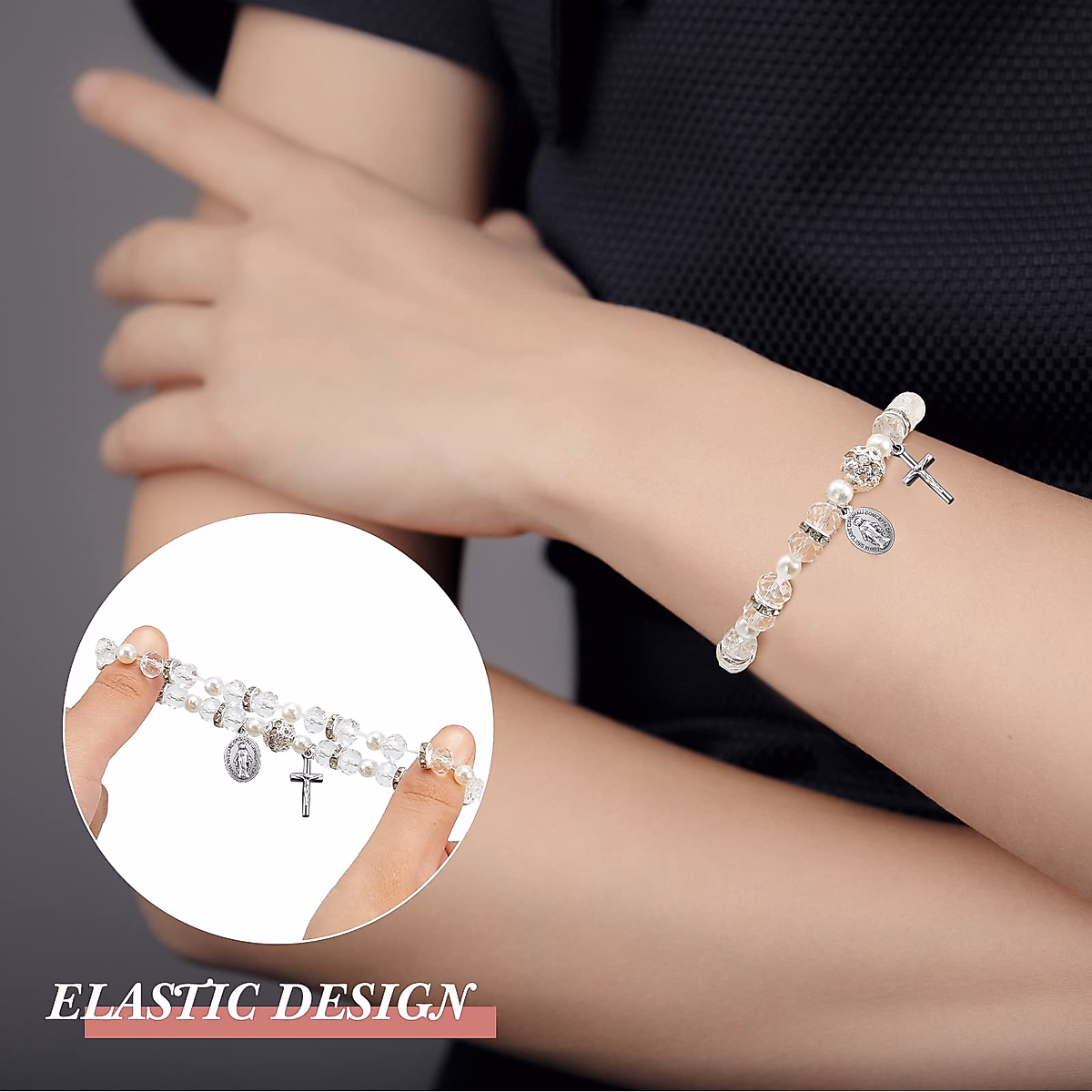 Taiyin Rosary Bracelet Bulk with Mesh Bags, White Religious Rosary Bead Bracelet Catholic Bracelets, Baptism First Communion Gifts for Women(12 Pcs)