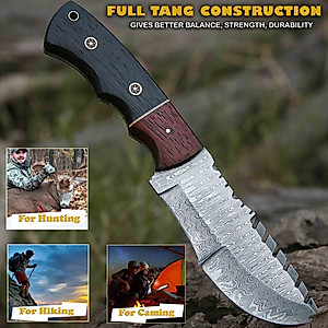 Handmade Tracker Knife Damascus Knife for Hunting Camping - 10 Inch Damascus Steel Hunting Tracker Knife with Horizontal Carry Sheath - Fixed Blade Survival tactical full tang Bushcraft Knife (Wenge & Padauk)