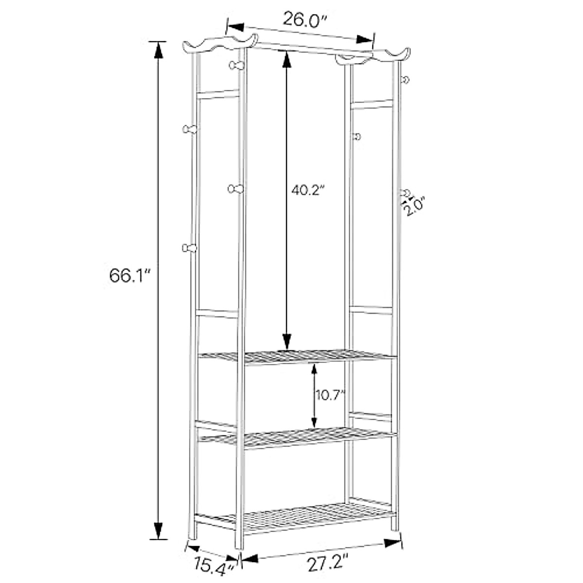 MoNiBloom Freestanding Garment Rack with Shelves and Hooks, Bamboo Tall 3 Tiers Clothes Racks Clothing Storage Shelving Unit for Bedroom Laundry Room Guest Room, Natural