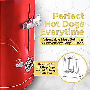 Nostalgia 2 Slot Hot Dog and Bun Toaster with Mini Tongs, Retro Hot Dog Toaster, Hot Dog Cooker that Works with Chicken, Turkey, Veggie Links, Sausages and Brats, Metallic Red
