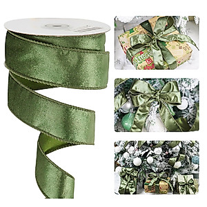 HUIHUANG Green Velvet Ribbon Wired 1-1/2 inch, Moss Green Velvet Ribbon for Gift Wrapping, Christmas Tree, Bows, Wreaths, Garland, Wedding Decor, Home Decor, Crafts-Continuous 10 Yards/Roll