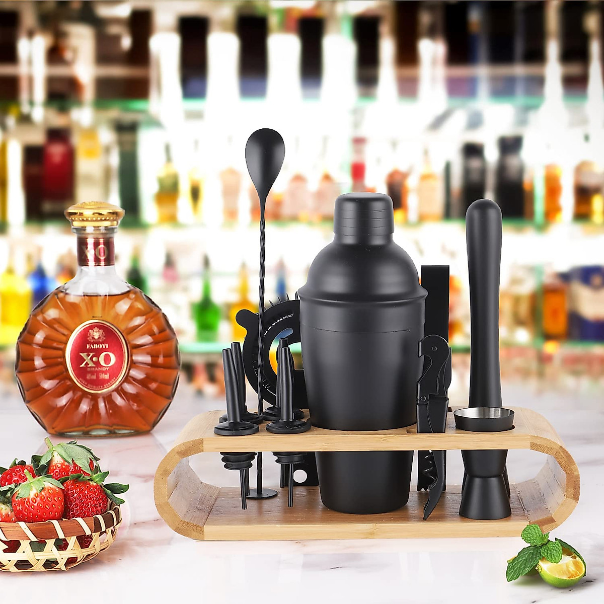 JNWINOG 12Pcs-Cocktail Shaker Set Stainless Steel Bartending Kit 18.6oz Cocktail Bar Set Cocktail Mix Drink Making Kit Professional Bar and Home Drink Bar Tools for Bartender(Matte Black)