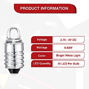 Honoson 10 Pieces E10 LED Bulbs 3 Volt Miniature Flashlight Bulbs E10 Replacement Bulbs Mini Lamps Cool White