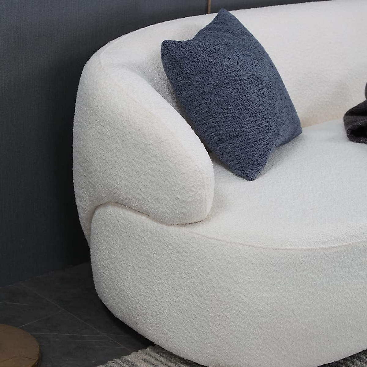 WILLIAMSPACE Modern Curved Sofa, Back Upholstered Boucle Couch with Two Throw Pillows, 3-Seat Boucle Fabric Couch for Living Room, Office, Apartment, Beige