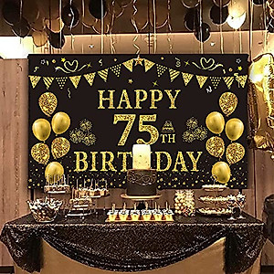 Trgowaul 75th Birthday Backdrop Gold and Black 5.9 X 3.6 Fts Happy Birthday Party Decorations Banner for Women Men Photography Supplies Background Happy Birthday Decoration