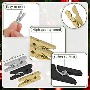 Jetec 200 Pcs Christmas Mini Wooden Clothespins for Craft Gold Silver Black Tiny Wooden Photo Paper Clip Wood Peg Pin Clips for Holding Photo Scrapbooking Picture Memo Card