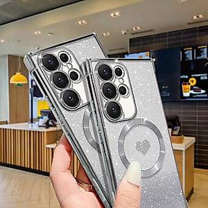 ZONRW for Samsung Galaxy S22 Ultra Case Magnetic,for Women Girl Soft Luxury Plating Bling Gradient Glitter Cute Heart Cover Compatible with MagSafe Clear Shockproof Protective Phone Case 6.8”-Silver