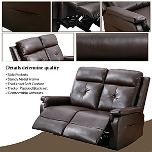PALLOME Loveseat Recliner, PU Leather Reclining Sofa, 54'' Double Recliner Loveseat with Heat and Massage, RV Theater Seating, Manual Recliner Chair for Living Room (Brown)