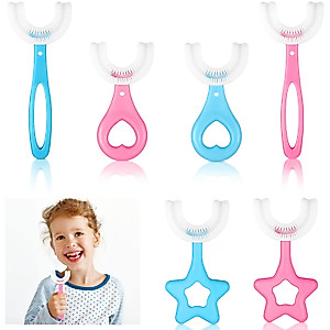 6 Pieces Kids U Shaped Toothbrush Kids Toothbrush Soft Silicone Kid Toothbrush Manual Toddler Toothbrush Whole Mouth Toothbrush U Type Toothbrush with Handle for Children 2-6 Years Old, Pink, Blue