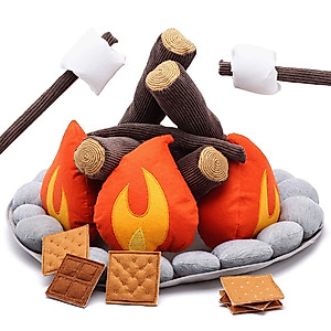 HUNIIHOME Pretend Campfire for Kids - Sensory Play Camping Toy Set with Plush Felt Fake Fire, Logs and Stones with Fake Food Marshmallow and S'Mores - 17 Piece Set