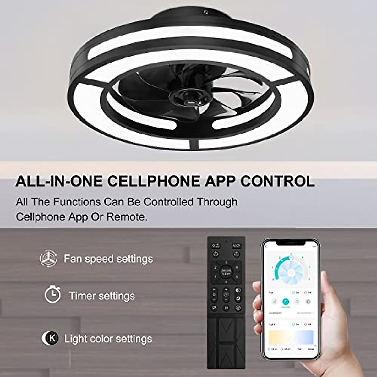 Ohniyou Ceiling Fan with Lights Remote and APP Control,19'' Flush Mount Low Profile Fan,Smart Ceiling Fan with Dimmable LED Night Light Reversible Blades Timing, Enclosed Fan for Bedroom,Living Room