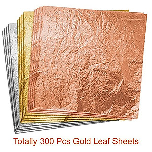 Paxcoo 300 Gold Leaf Sheets for Resin, Gold Foil Flakes Metallic Leaf for Resin Jewelry Making, Nail Art, Slime, and Gilding Crafts (Gold, Silver, Rose Gold Color 5.5 by 5.5 Inches)