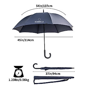 RUMBRELLA Navy Blue Hook Handle Umbrella Windproof UPF 50+, j Stick UV Umbrellas Auto Open 54IN