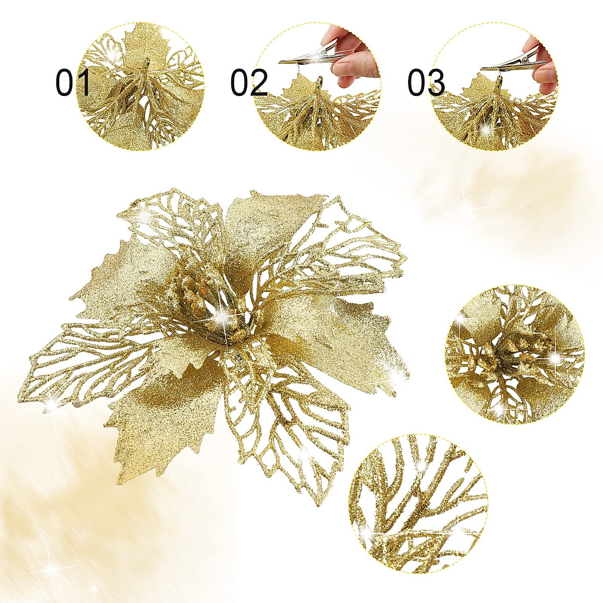 Whaline 24Pcs Christmas Poinsettia with 24Pcs Clips 4 Design Glitter Gold Artificial Flower Winter Party Supplies for Xmas Tree Ornament Wedding Birthday Wreath Decoration