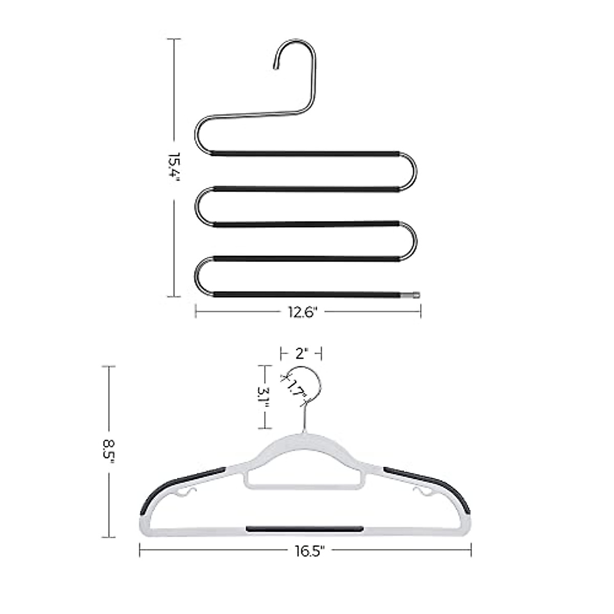 SONGMICS 30-Pack Hangers and 4 S-Shaped Pants Hangers Bundle, Metal and Plastic Non-Slip Hangers, Scarf Hanger, for Shirts, Suits, Jeans, Light and Dark Gray, Black UCRP20G30 and UCRI043BK