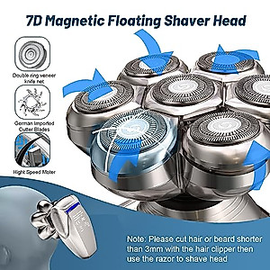 Magnetic Head Shavers for Bald Men - 7D Detachable Bald Head Shaver Adjustable Speed Men's Electric Razor Scalp Grooming Kit IPX7 Waterproof Wet Dry Shaving USB Type-C Rechargeable LED Display