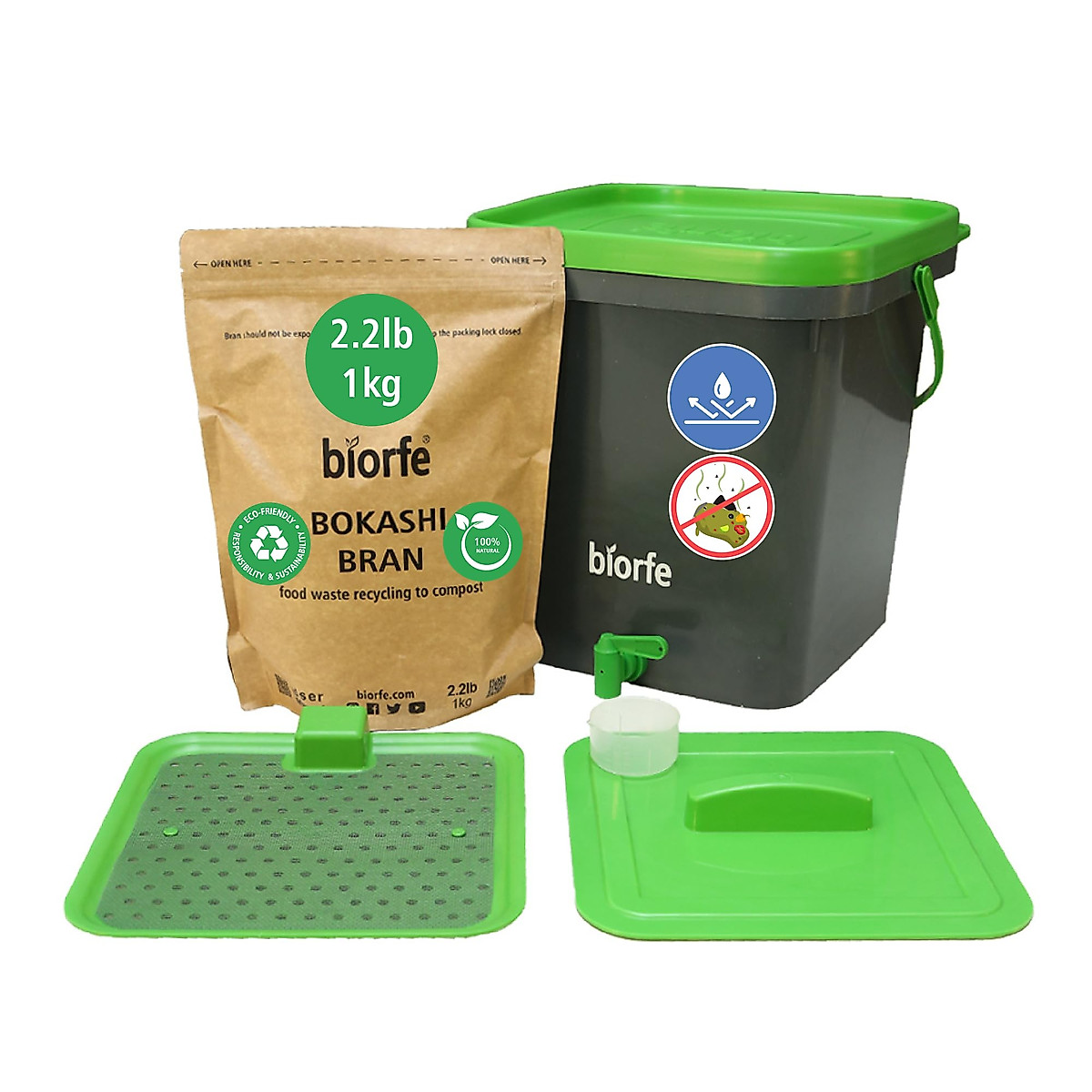 Biorfe Bokashi Indoor Compost Starter Kit All Seasons Bokashi Bran - Attractive Countertop Kitchen Odor Free Compost Bin - Composting Bucket Container with 2.2 lbs Organic Dry Bokashi Bran for Indoor