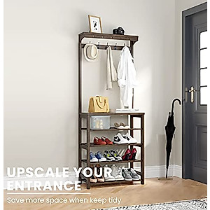 SEIRIONE 5-Tier Coat and Shoe Rack for Entryway Organizer, Freestanding Hall Tree, Mudroom Storage Organization Furniture, 5 Hanger Hooks, Upper Shelf, Solid Bamboo, Stylish Appearance