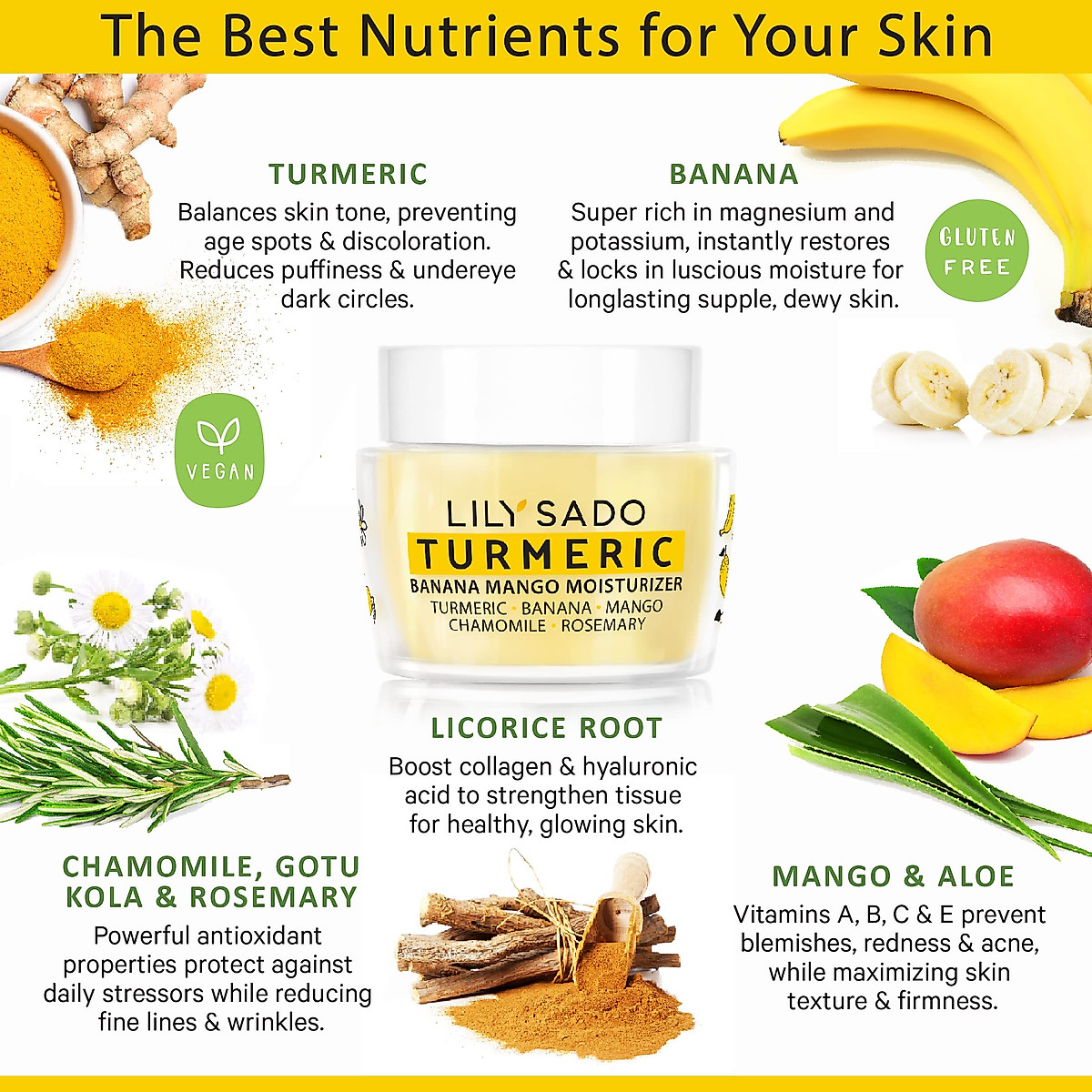 LILY SADO Turmeric Banana Mango Face Moisturizer - Luscious Creamy Nutrient-Rich Natural Daily Facial Cream w Chamomile & Rosemary - Vegan Anti-Aging Lotion For Wrinkles & Fine Lines