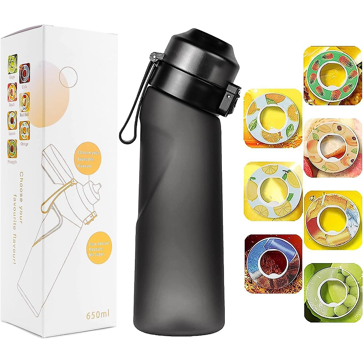TUOZHE Sports Water Bottle, 650ml Fruit Fragrance, 7 Flavour Pods, BPA Free, 0 Sugar, 0 Calorie, Hiking, Running, Fitness, Travel, Plastic, 650ml, Reusable