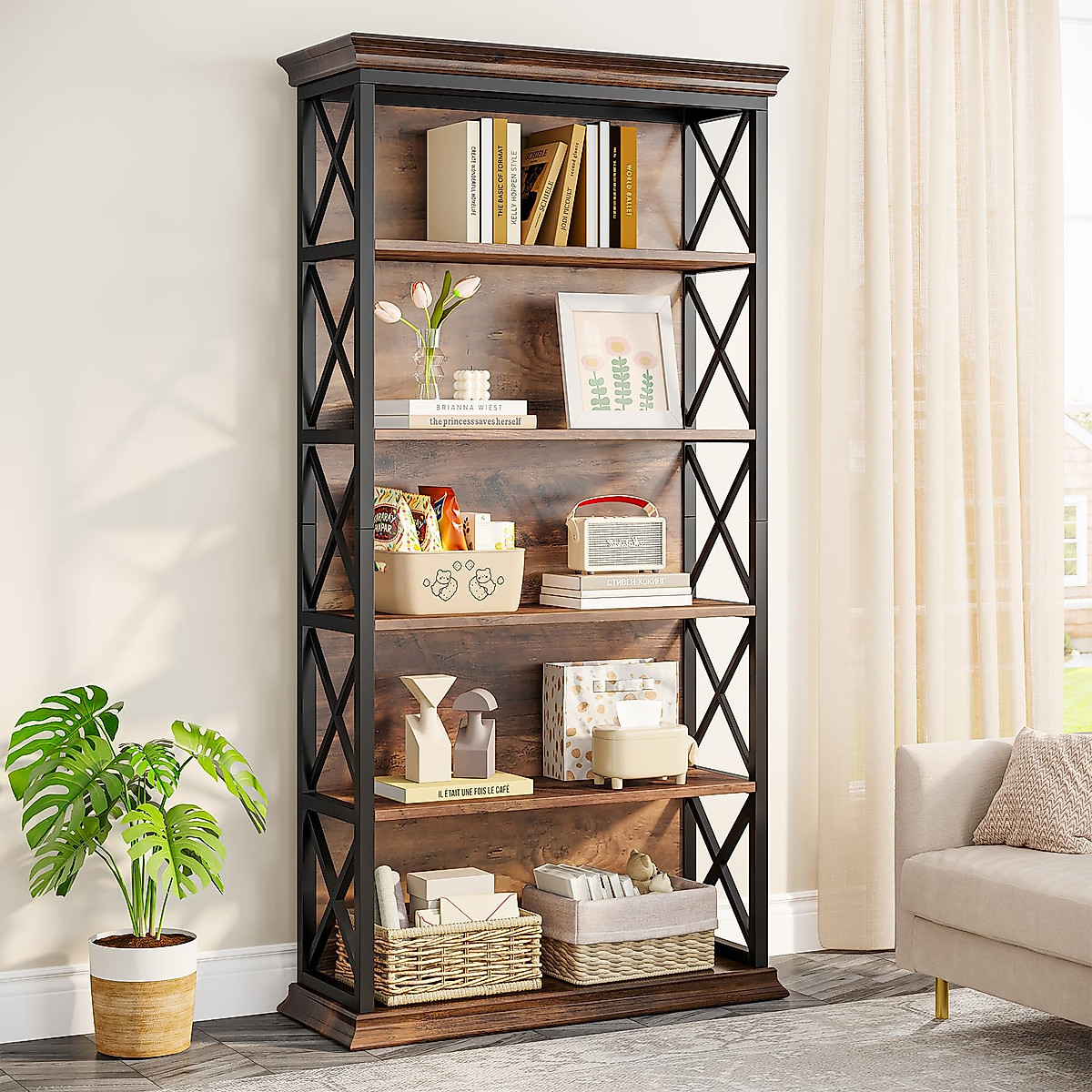 Tribesigns 6-Tier Bookcase, 71 Inches Industrial Bookshelves and Bookcases, Floor Standing 5 Shelf Display Storage Shelves Tall Bookcase for Home Office, Living Room, Bed Room, Brown and Black