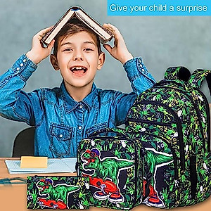 TXHVO 3PCS Dinosaur Backpack for Boys, Kids School Bookbag with Lunch Box, 17 Inch Teen Boy Laptop Backpacks