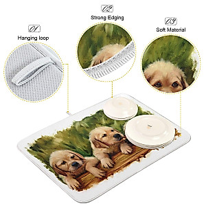 Kitchen Dish Drying Mat Watercolor Golden Retriever Dog Duggy Absorbent Washable Dish Drying Pad Drainer Rack Mat Heat Resistant Counter Protector for Glass Plate Cup Pan 16x18in