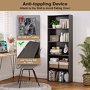 Tangkula 5-Shelf Bookcase, 23.5''L x 9.5''W x 67''H, Multi-Functional Wood Storage Display Open Bookshelf for Home Office (Black)